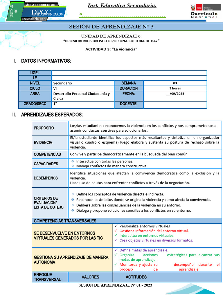 1º DPCC - Ses 3 Uni 6 - Sem 03 | PDF | Violencia | Aprendizaje