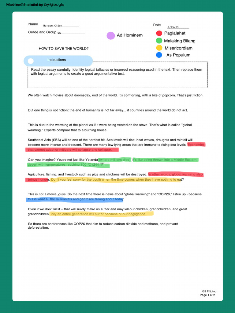 (Worksheet) Paano Sasagipin Ang Mundo Translation | PDF | Climate ...