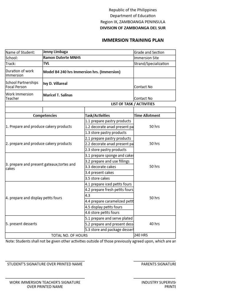 Immersion Training Plan Sample | PDF | Cakes | Desserts