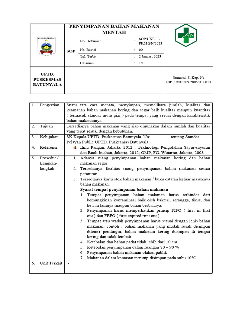Sop Penyimpanan Bahan Makanan Mentah | PDF