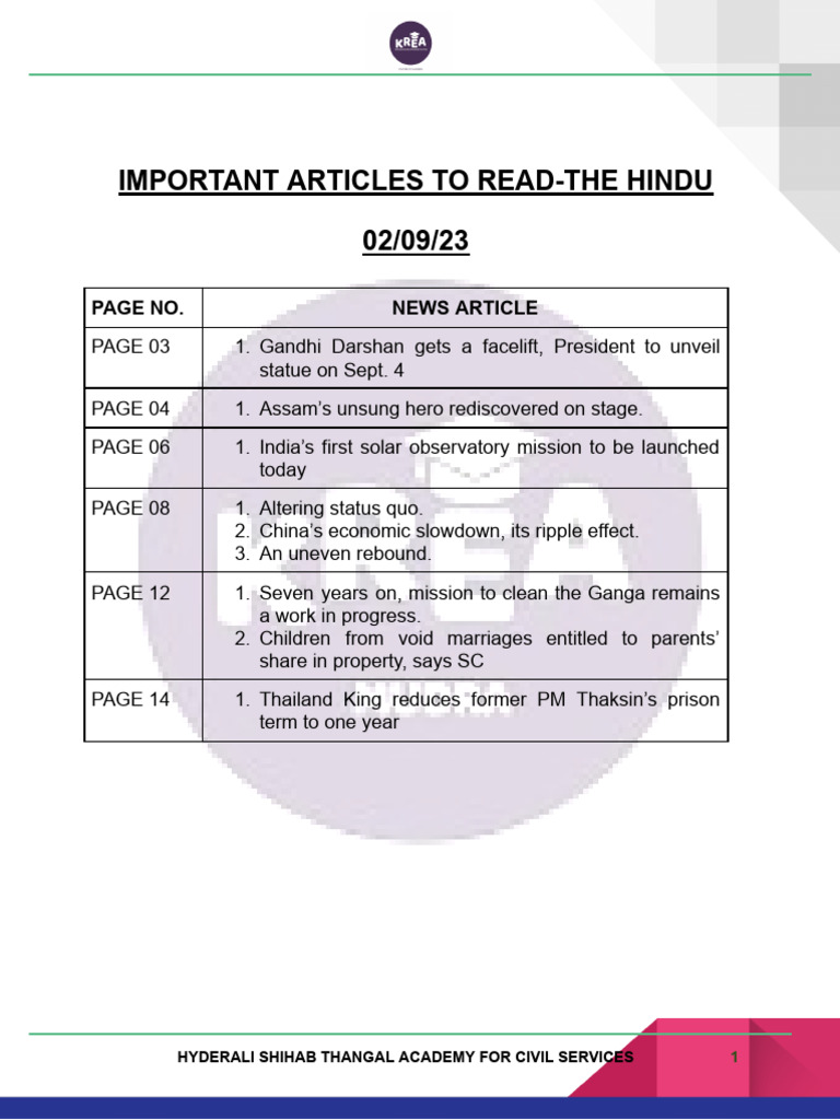 THE HINDU-IMPORTANT HEADLINES | PDF