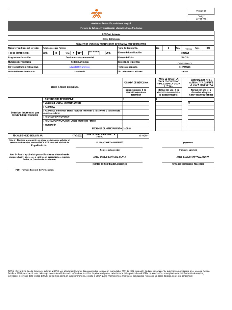 Formato de Selección y Modificación Alternativa Etapa Productiva GFPI-F ...