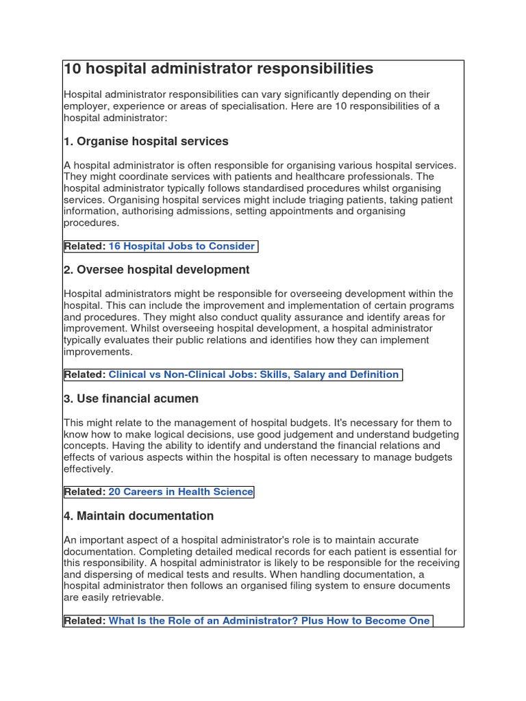 10 Hospital Administrator Responsibilities | PDF