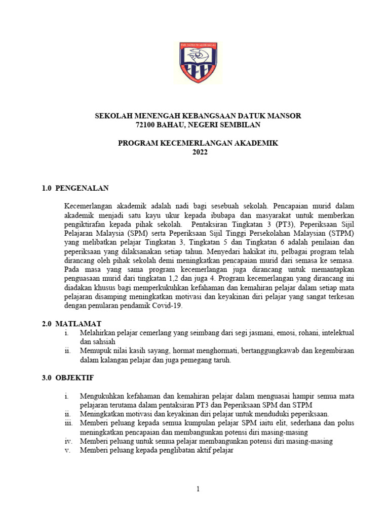 Kertas Kerja Program Kecemerlangan Akademik 2022 | PDF