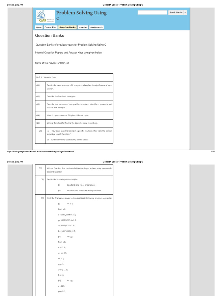 Question Banks - Problem Solving Using C | PDF