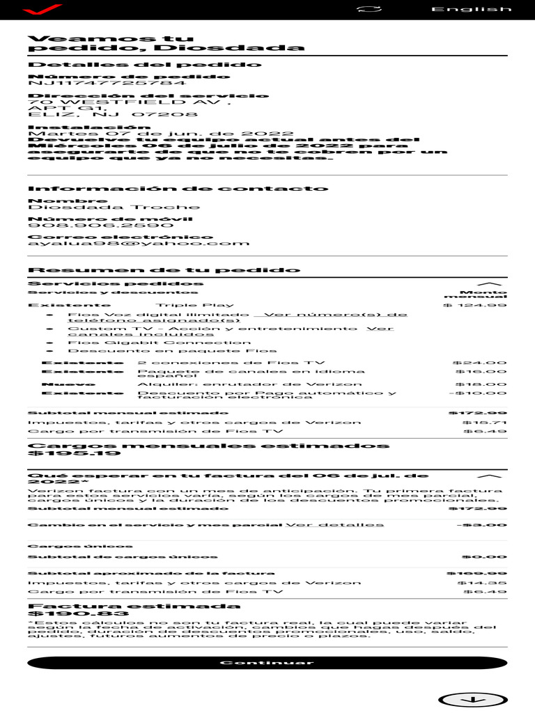 Detalles Del Pedido de Verizon | PDF