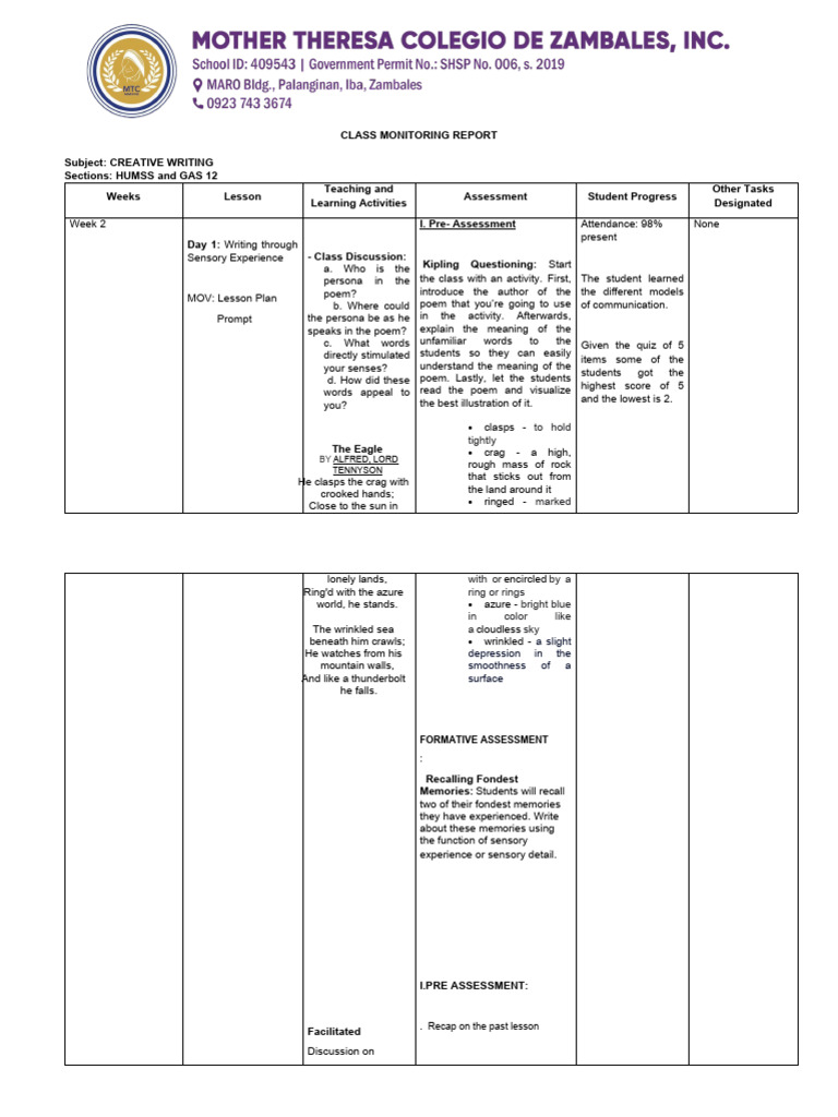 Creative Writing Class Monitoring - W2 | PDF | Memory | Experience