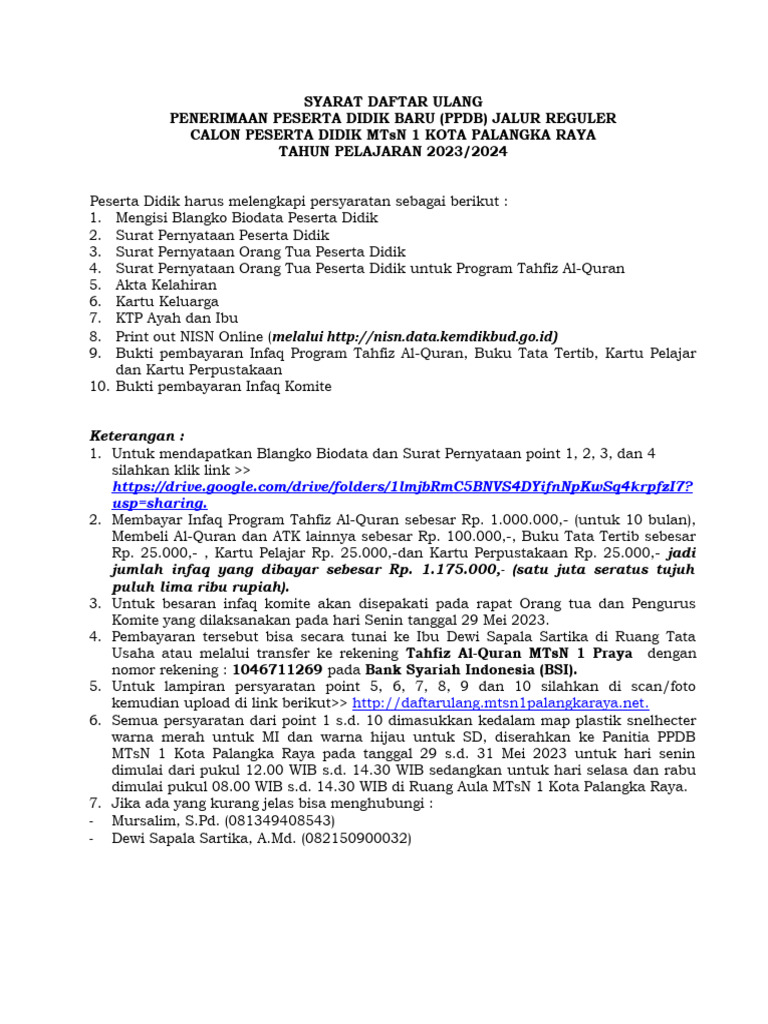 Pengumuman Daftar Ulang Jalur Reguler TP 2023-2024 | PDF