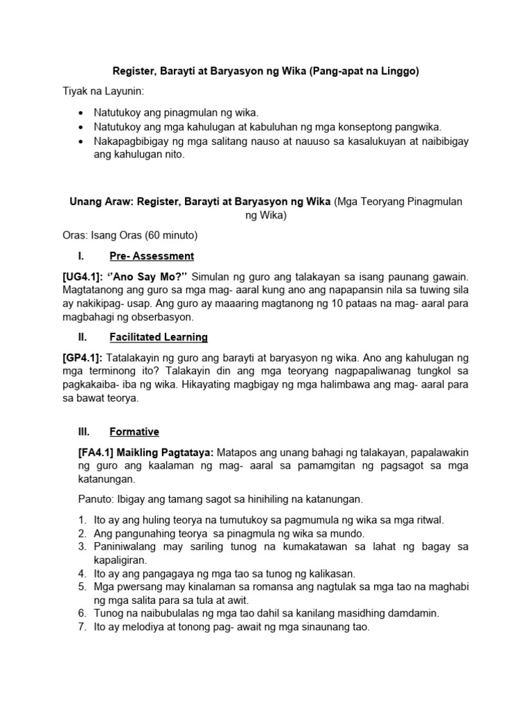 Prompt-Register, Barayti at Baryasyon NG Wika Linggo 4 | PDF