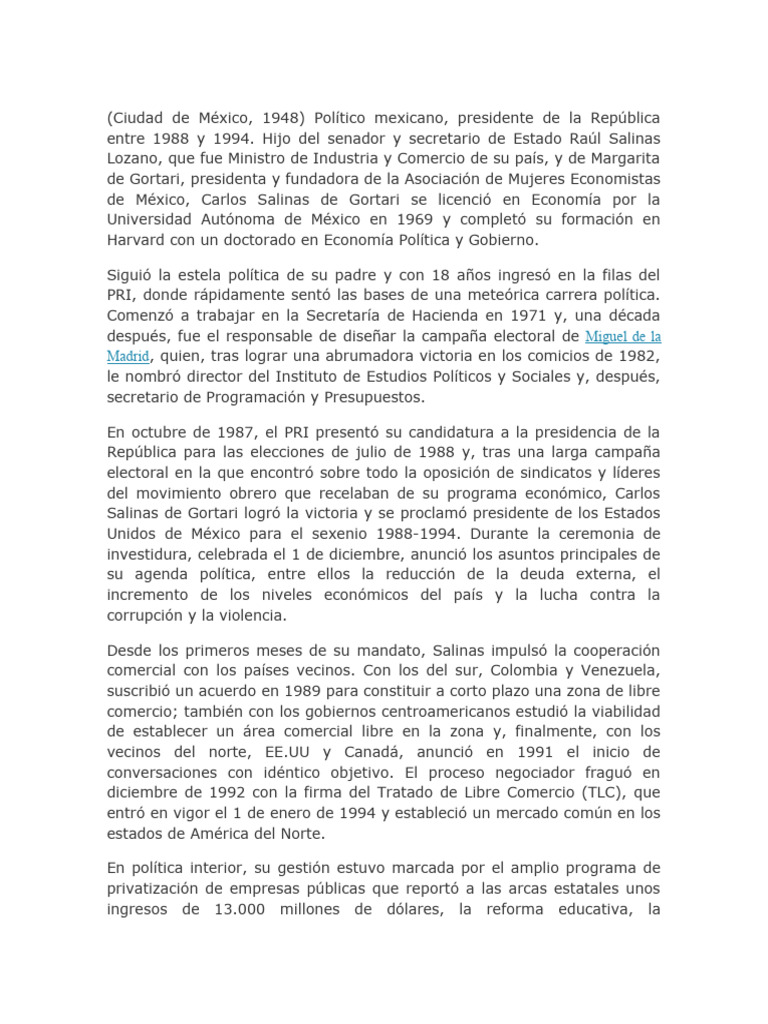 Carlos Salinas de Gotari | PDF | Tratado de Libre Comercio ...