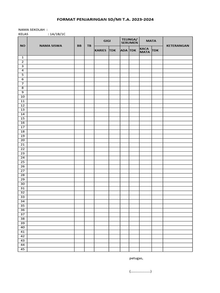 format penjaringan sd | PDF