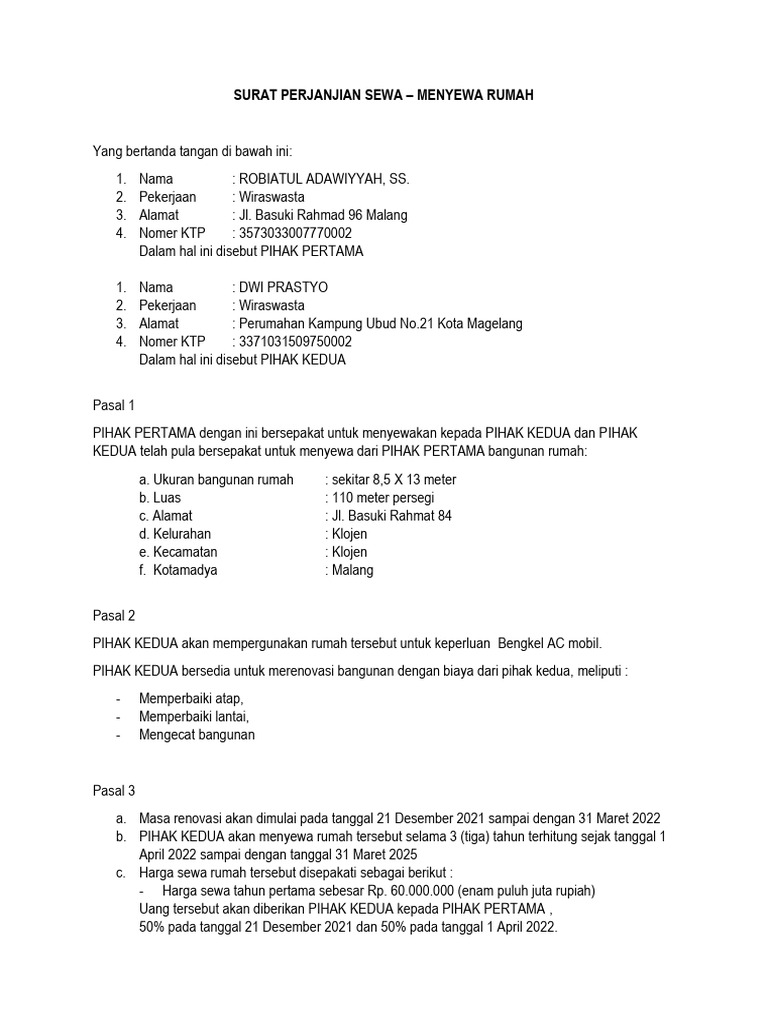 Perjanjian Sewa, Surat Ahli Waris Dan Imb | PDF | Hukum
