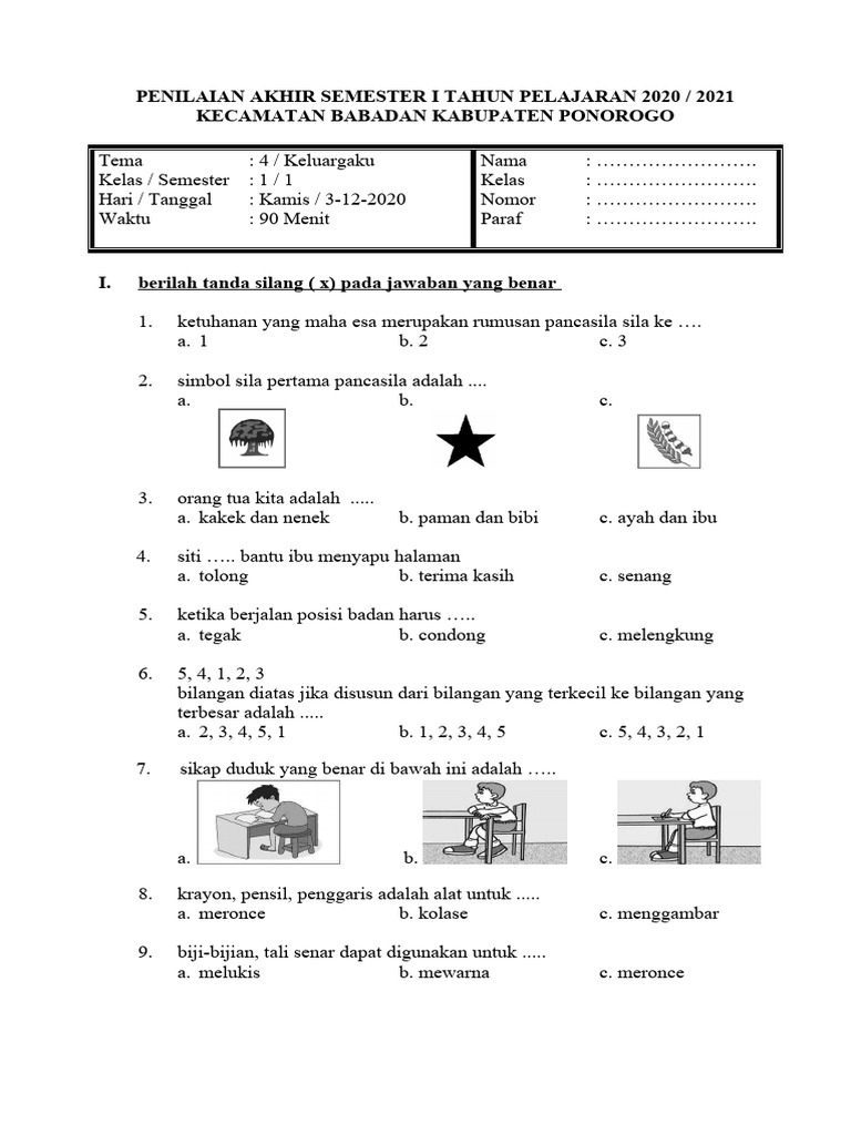 Ujian Tema Keluargaku Kelas 1 | PDF