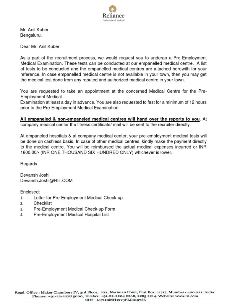 Medical Letter - Mr. Anil Kuber | PDF | Physical Examination | Clinical ...