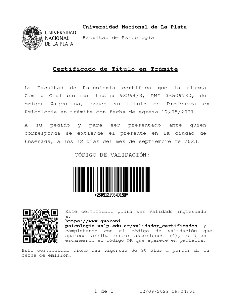 Certificado Titulo Tramite | PDF