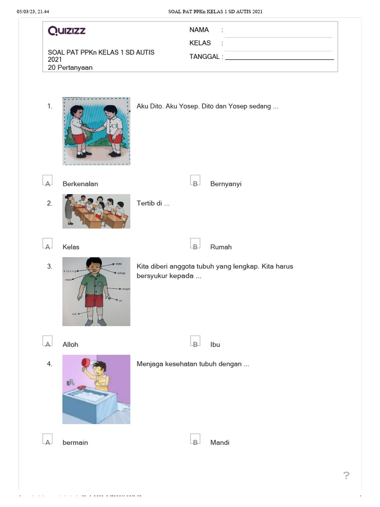 Soal PPKn Kelas 1 untuk Anak Autis | PDF