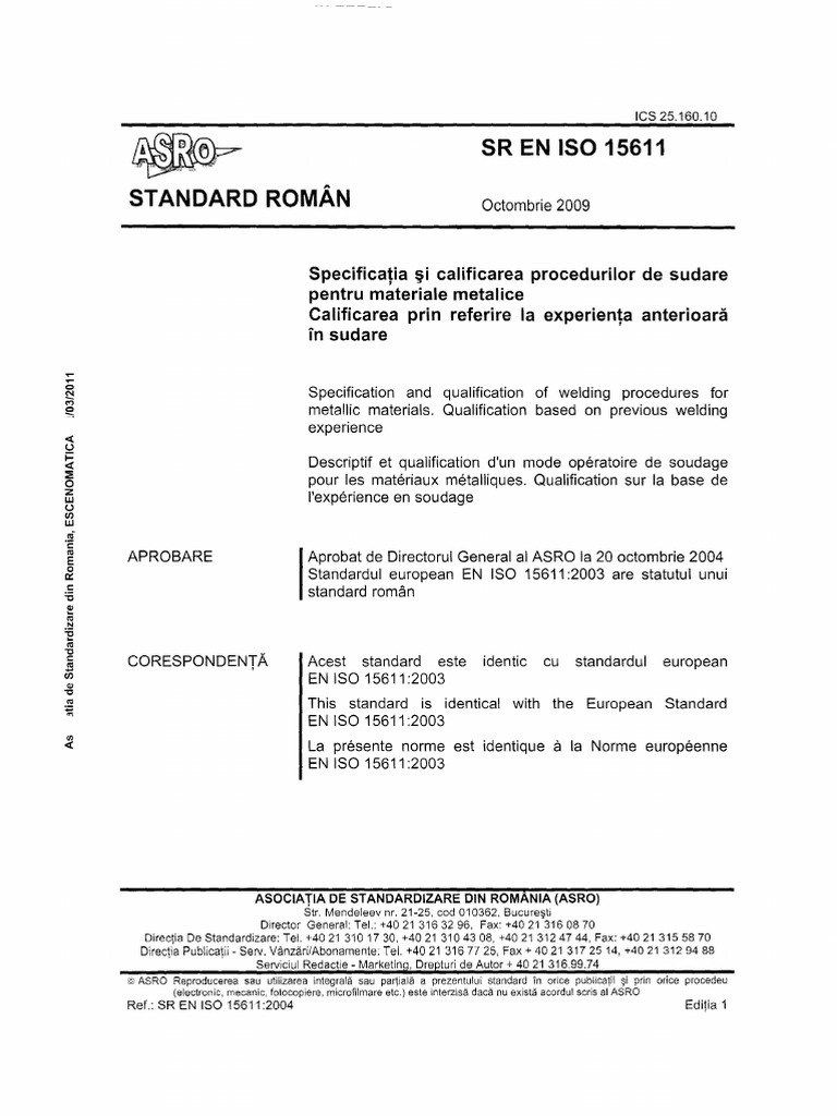 SR EN ISO 15611 Specificatia !i Calificarea Procedurilor de Sudare | PDF