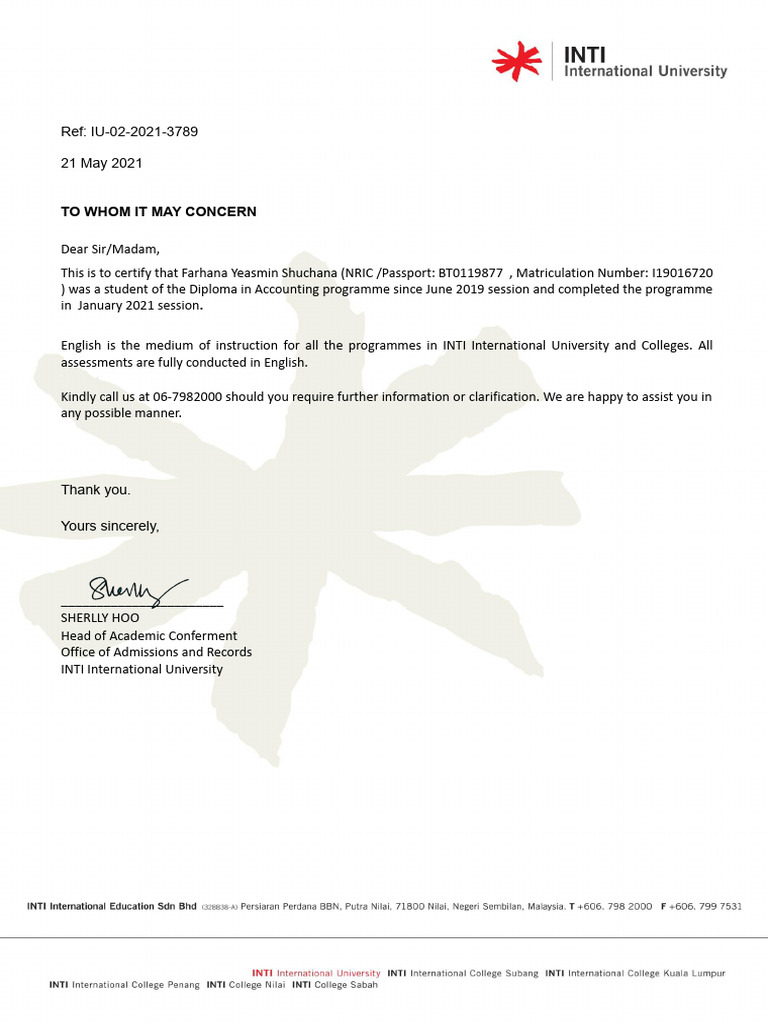 Completion Letter Farhana Yeasmin Letter Of English Medium Pdf