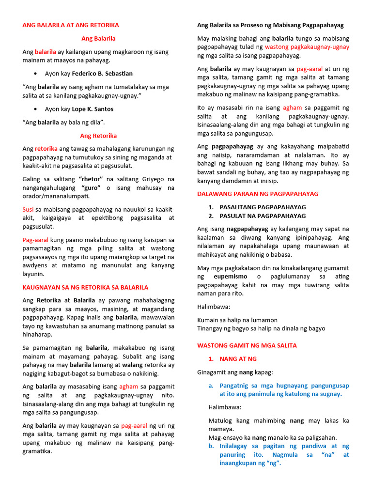 Ang Balarila at Ang Retorika | PDF