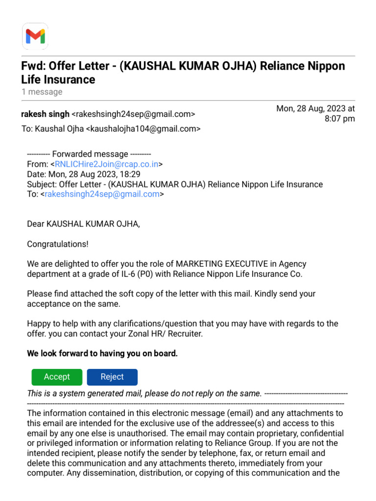 Gmail - FWD - Offer Letter - (KAUSHAL KUMAR OJHA) Reliance Nippon Life ...