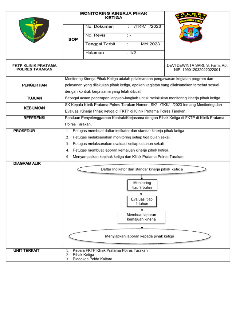 Sop Monitoring Kinerja Pihak Terkait | PDF