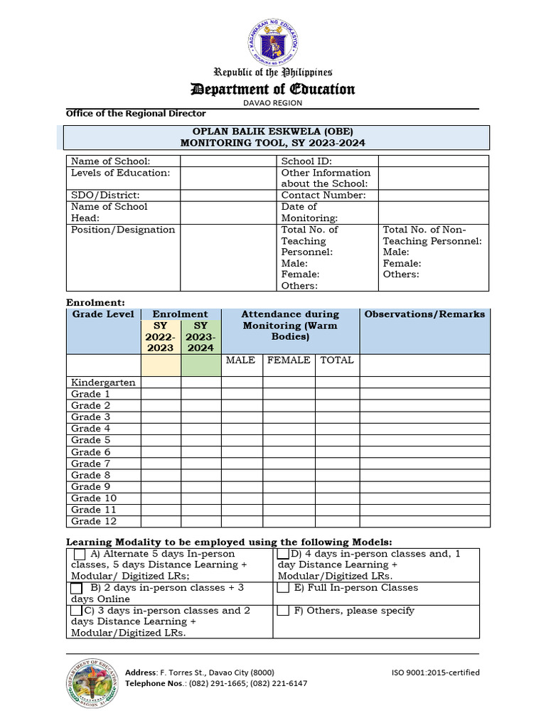 Oplan Balik Eskwela Monitoring ToolFROM PPRD | PDF