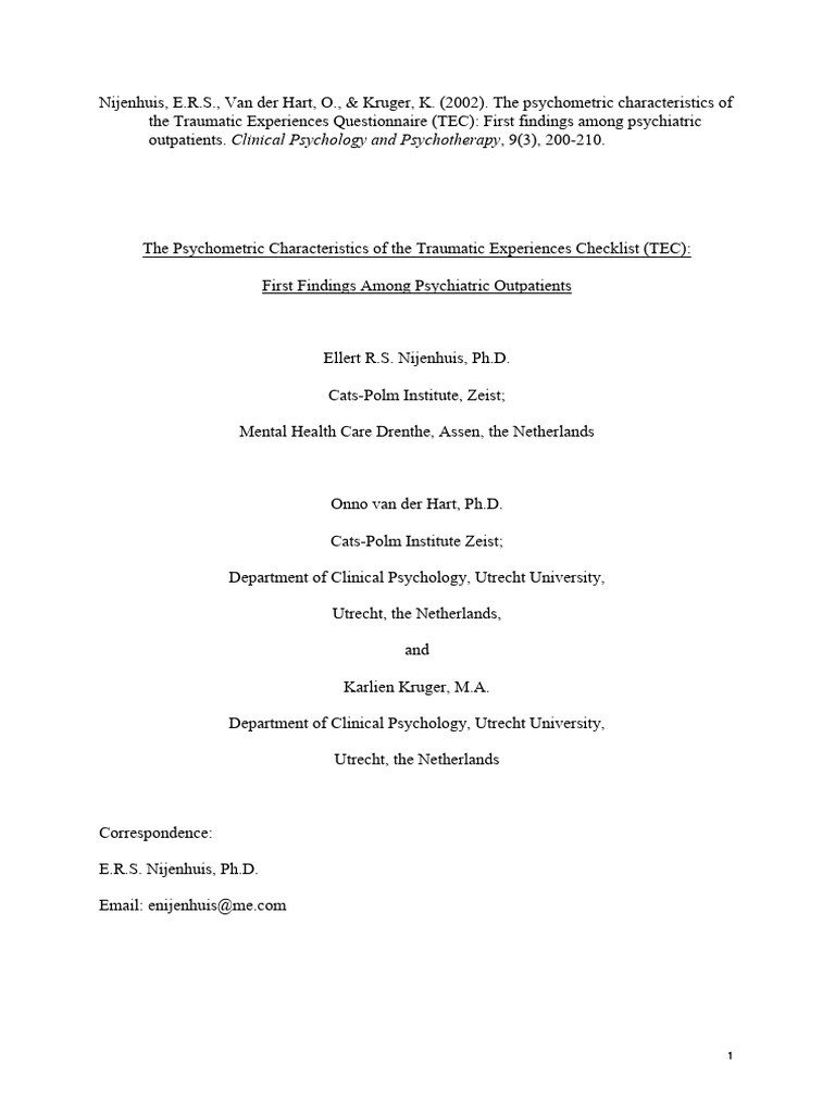 Traumatic Experiences Checklist First Findings Nijenhuis Et Al 2002 ...