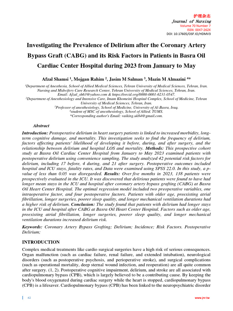 Investigating The Prevalence of Delirium After The Coronary Artery ...