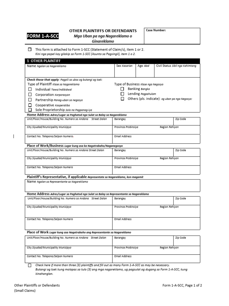 FORM 01 A SCC Bisaya Additional Plaintiffs Defendants | PDF FORM 01 A SCC Bisaya Additional Plaintiffs Defendants | PDF