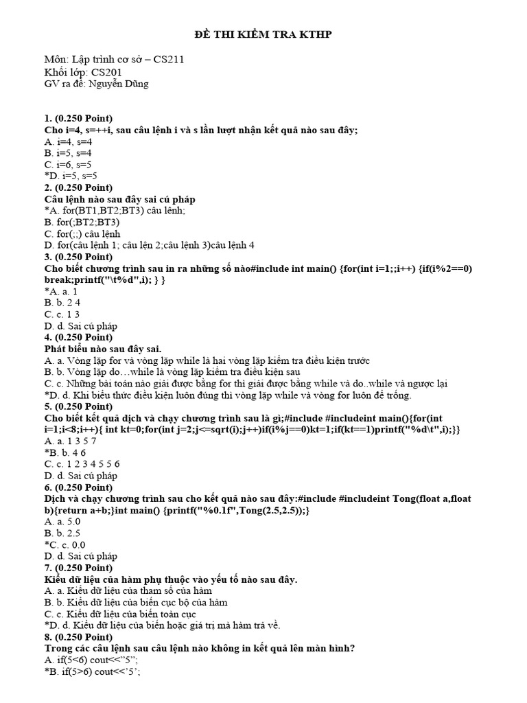 FINAL - EXAM - CS211AC - 2020F - 4B8EF - Nguyen Dung - De01 | PDF