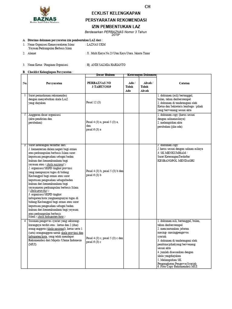 Ceklis Persyaratan Izin Rekomendasi Pembentukan LAZ | PDF