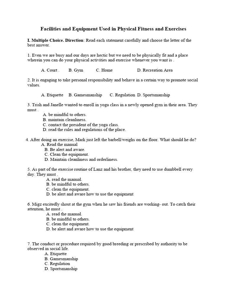 Facilities and Equipment Used in Physical Fitness and Exercises ...