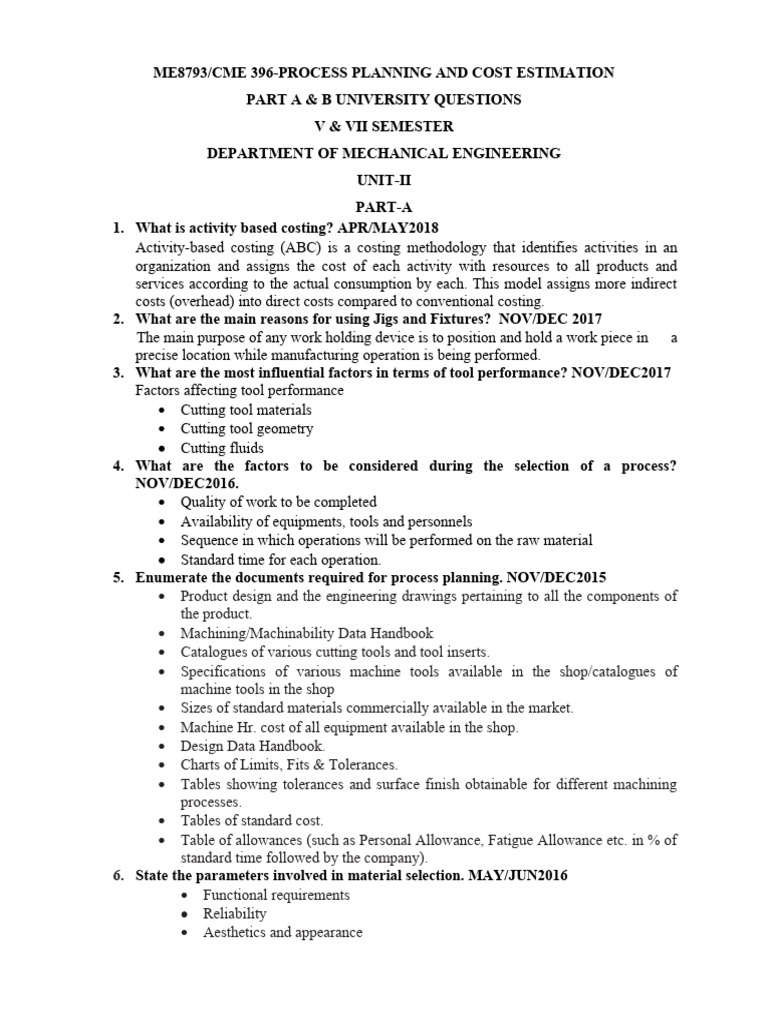 Ppce Unit-Ii Process Planning and Cost Estimation | PDF
