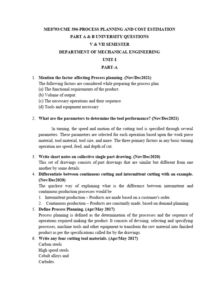 Ppce Unit - I Process Planning and Cost Estimation | PDF | Machining | Sheet Metal
