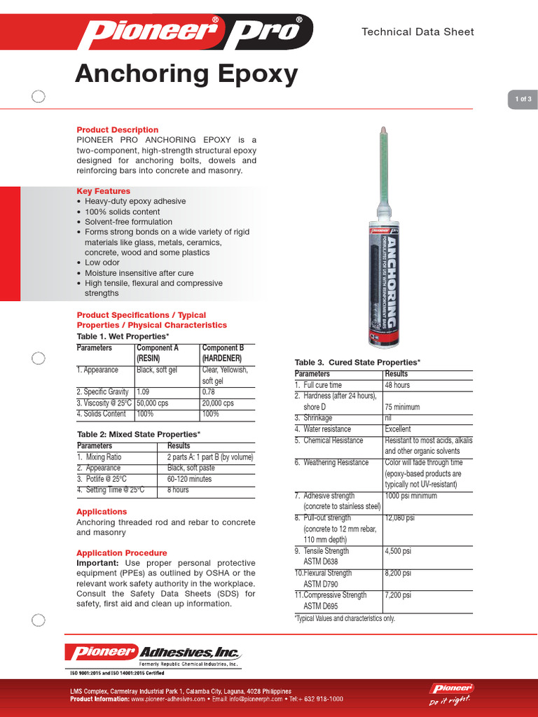 TDS Pioneer-Anchoring-Epoxy 022019 | PDF