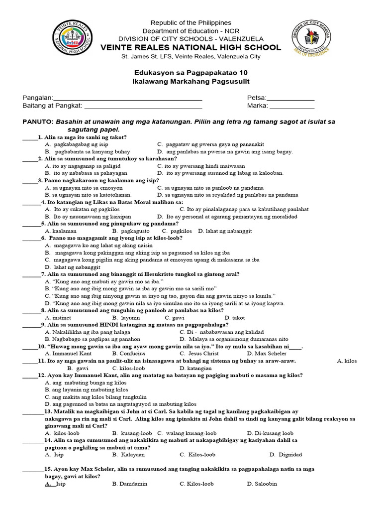2nd Grading Exam ESP 10 | PDF