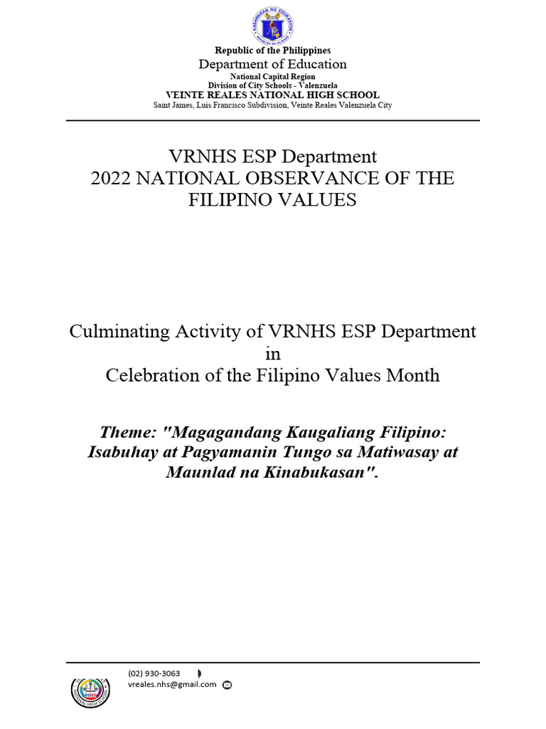 Narrative Report VRNHS ESP Dept. Culminating Activity ESP Month 12 9 22 | PDF | Philippines