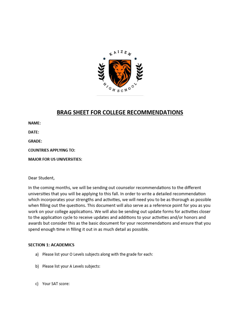 Kaizen Student Bragsheet | PDF