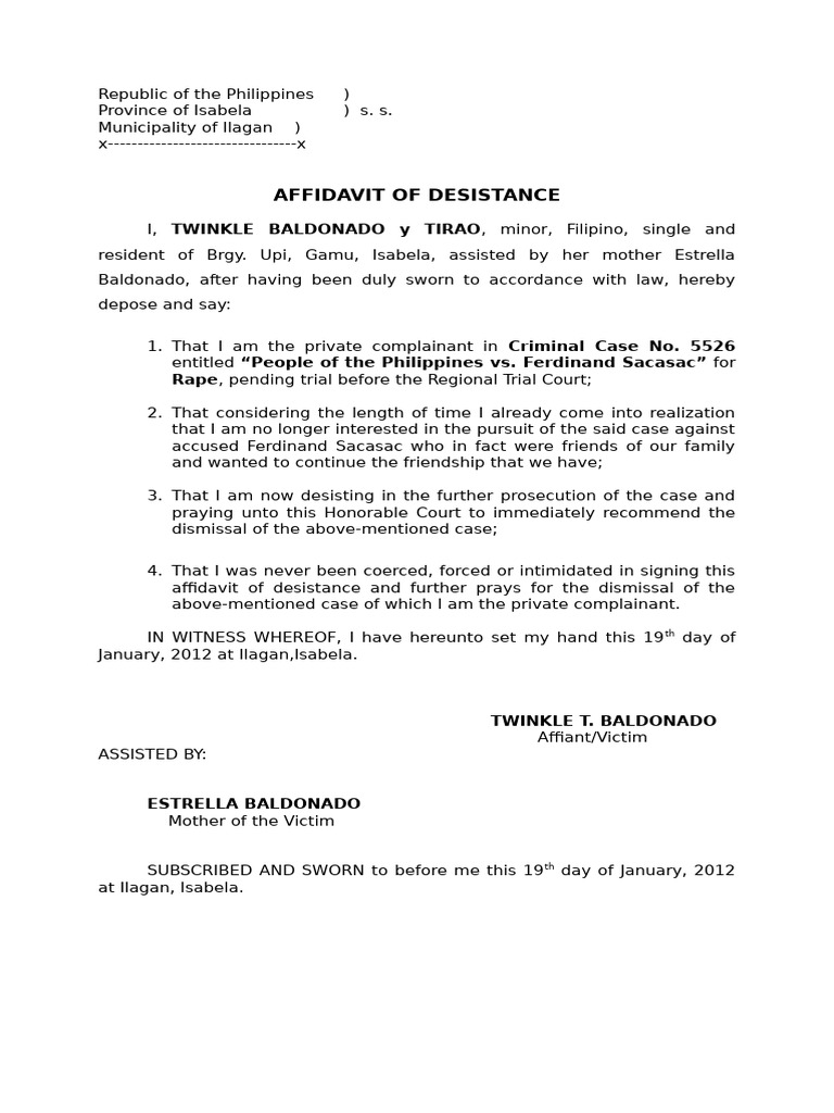 Sample Affidavit of Desistance | PDF