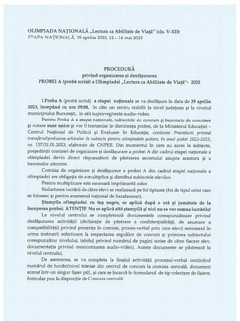 Procedură Proba Scrisă A OLAV 2023 | PDF