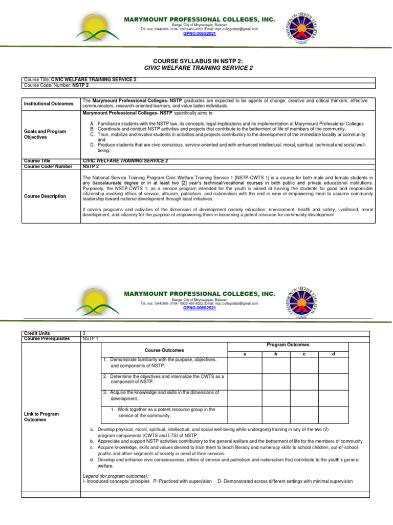NSTP 2 Syllabus MPC 2023 | PDF
