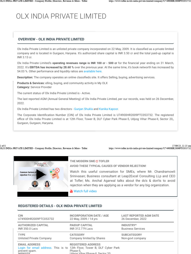 OLX INDIA PRIVATE LIMITED - Company Profile, Directors, Revenue & More - Tofler | PDF | Business ...