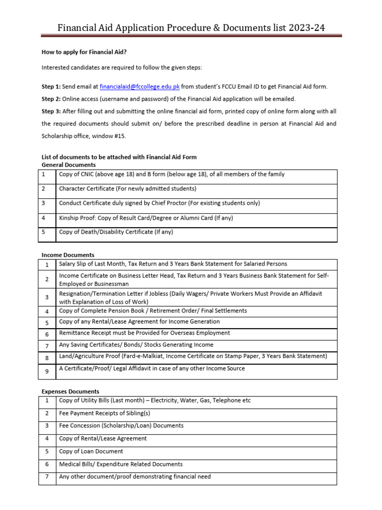 FAID Procedure - Documents List 2023-24 | PDF