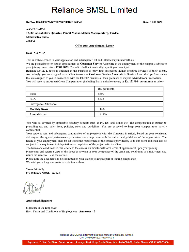 Offer Letter Reliance | PDF | Identity Document | Employment