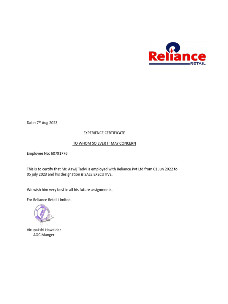 Reliance Retail Experience Certificate | PDF