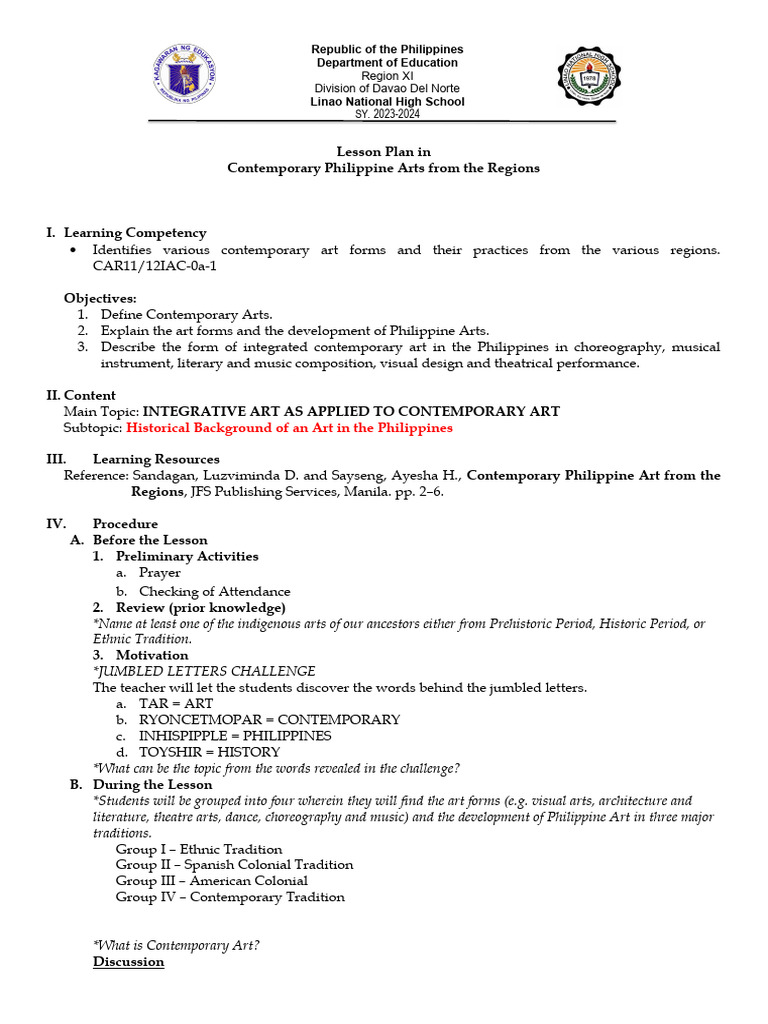 Detailed Lesson Plan in Contemporary Philippine Arts From The Regions Week 1AWIEEEEEE | PDF