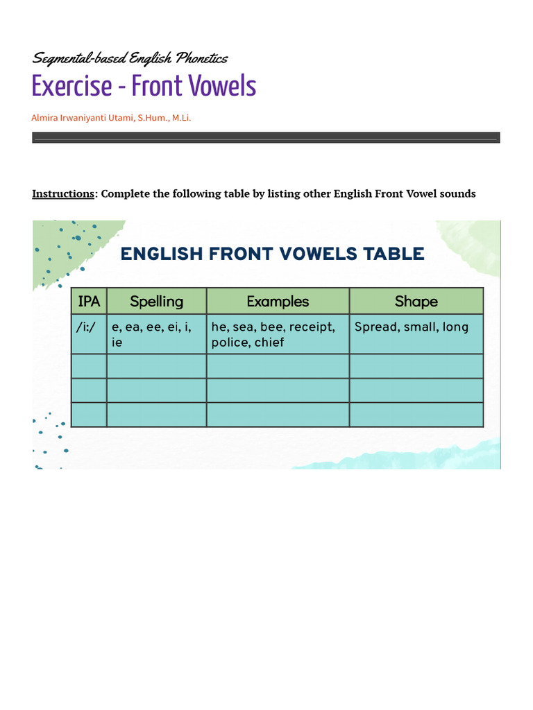 Exercise - Front Vowels | PDF