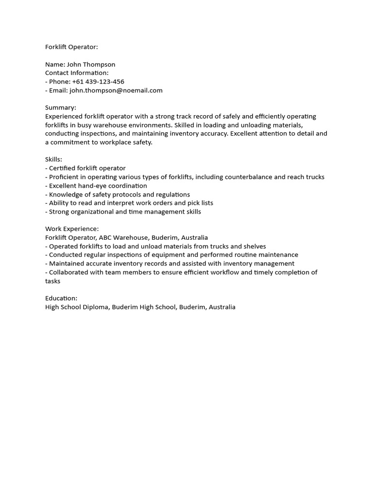 Fake Forklift Operator Resume | PDF
