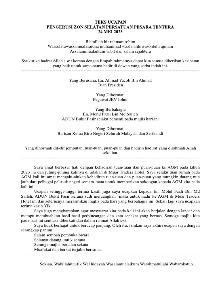 Ucapan Pengerusi Zon Selatan Pesara Tentera 2023 | PDF