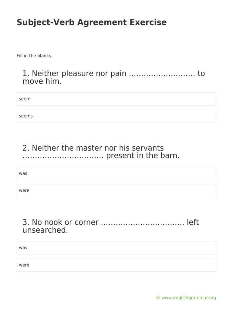 Subject-Verb Agreement Exercise | PDF